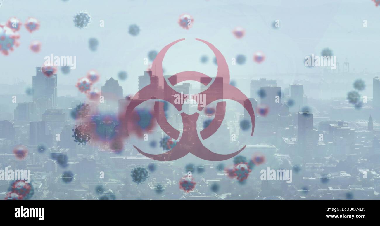 Floating virus particles drifting across smoggy high-rise city ...