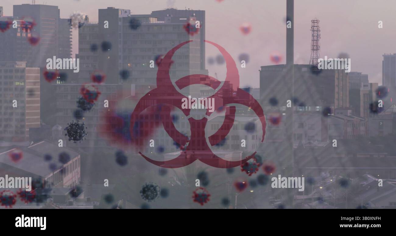 Displaying red biohazard symbol hovering over hazy urban skyline, with ...