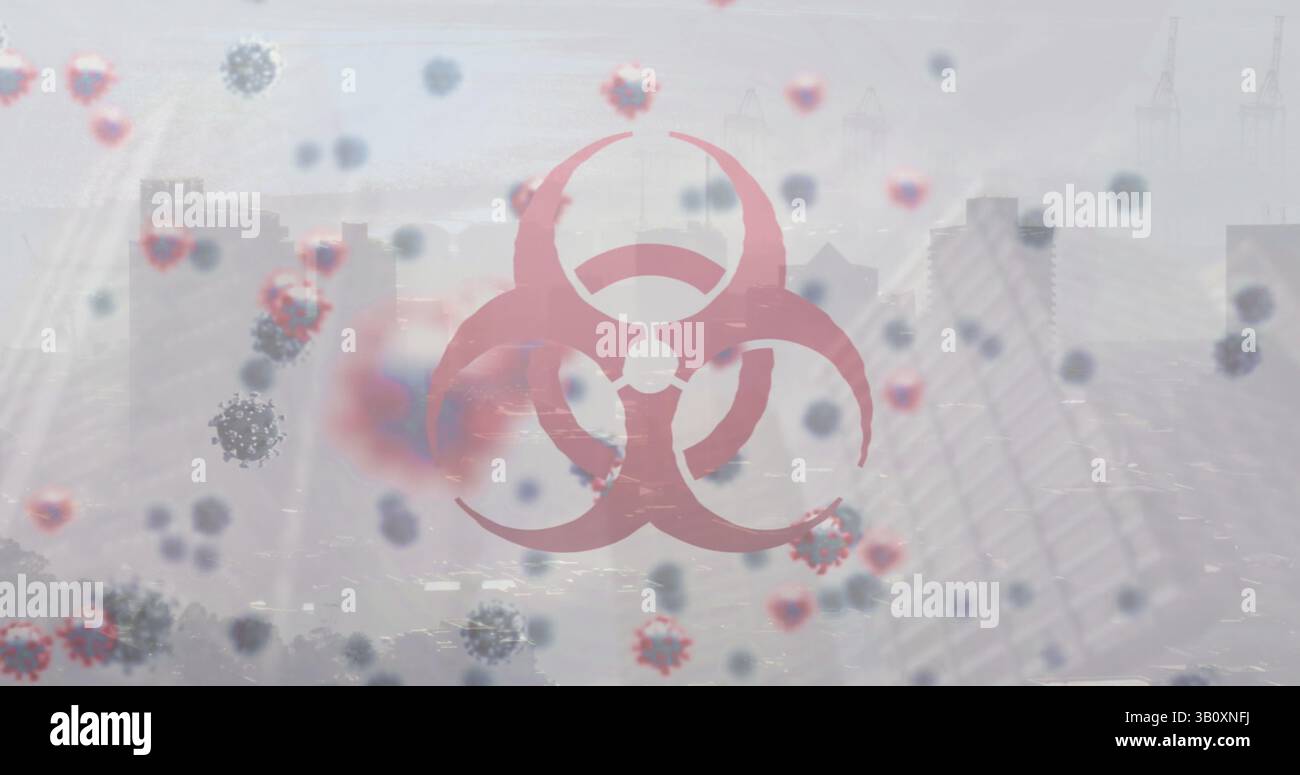 Floating translucent red biohazard symbol hovering over hazy urban ...