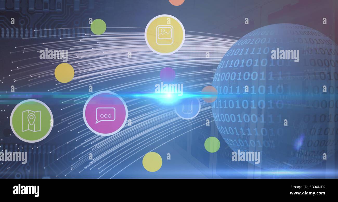 Image of technology icons and globe on navy background Stock Photo - Alamy