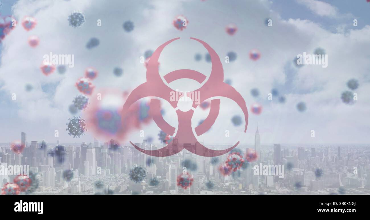 Displaying large red biohazard symbol hovering over urban skyline, with ...