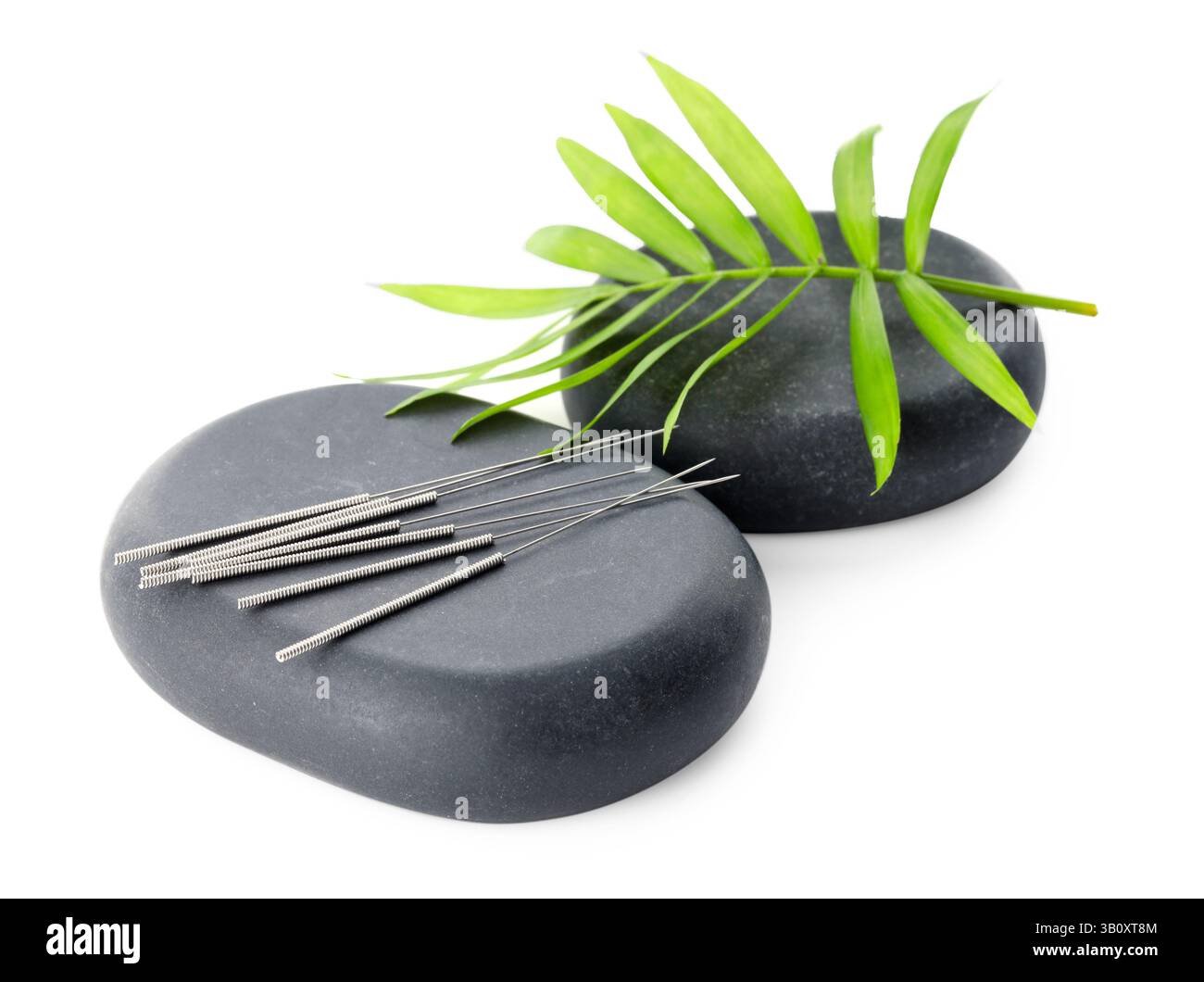 Acupuncture needles, spa stones and leaves isolated on white Stock ...