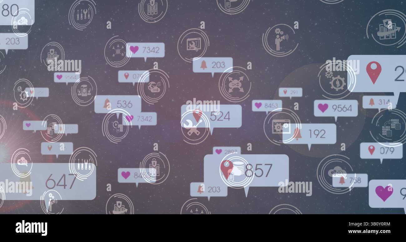 Speech bubbles with digital icons and increasing numbers against spot of light on grey ...