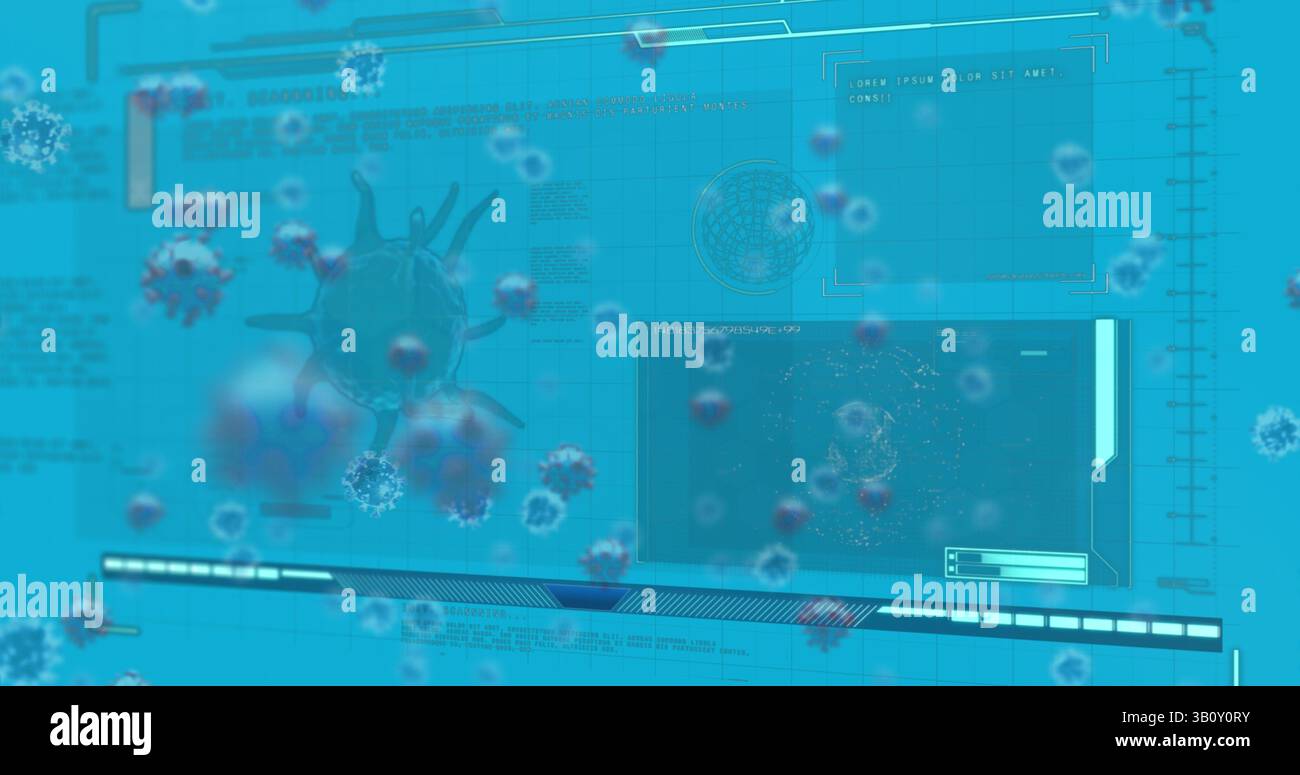 Displaying central large 3D virus model floating in digital interface ...