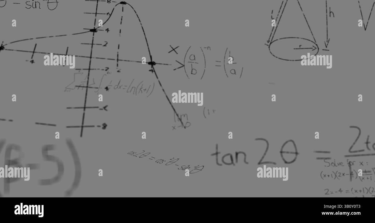 Digital image of mathematical equations and formulas floating against grey background Stock ...