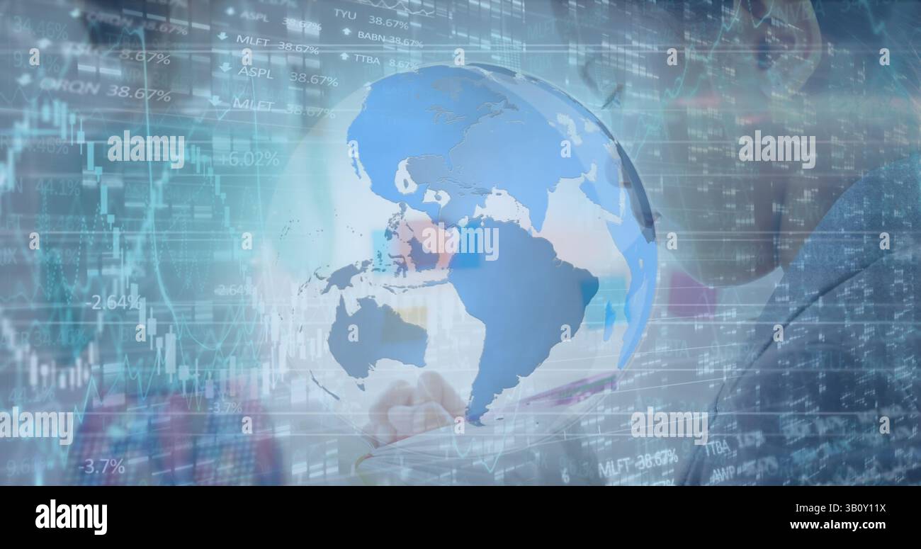 Spinning globe and stock market data processing against asian girl studying at school Stock ...