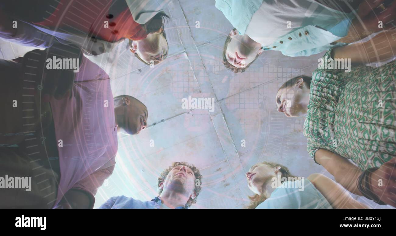 Image of circles and soccer ball over diverse people clapping hands ...