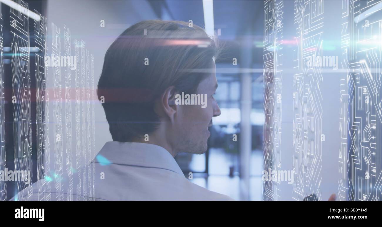 Image of lights over caucasian men in server room Stock Photo - Alamy
