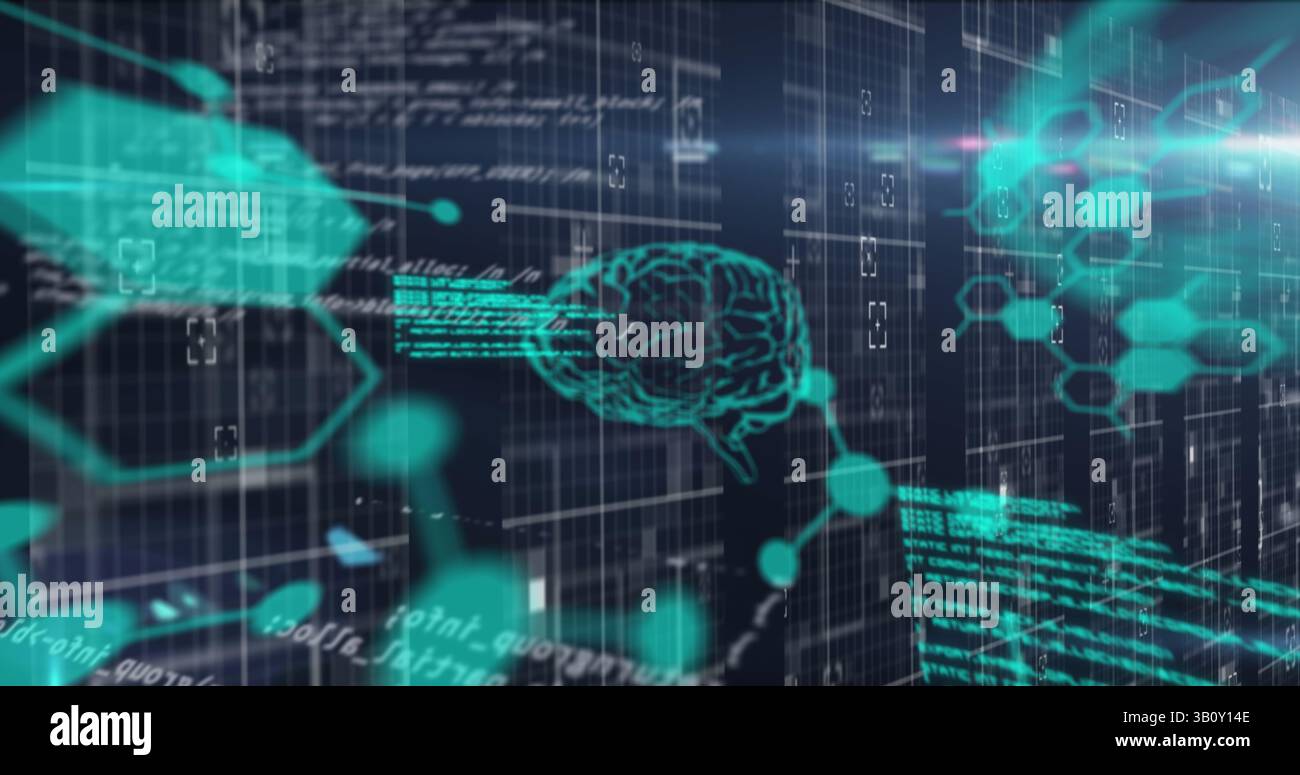 Human brain, chemical structures and data processing against blue ...