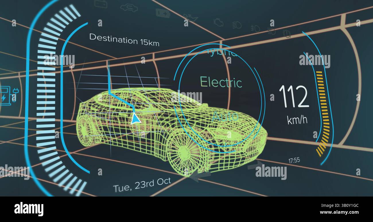 Image of speedometer over electric car project on navy background Stock ...