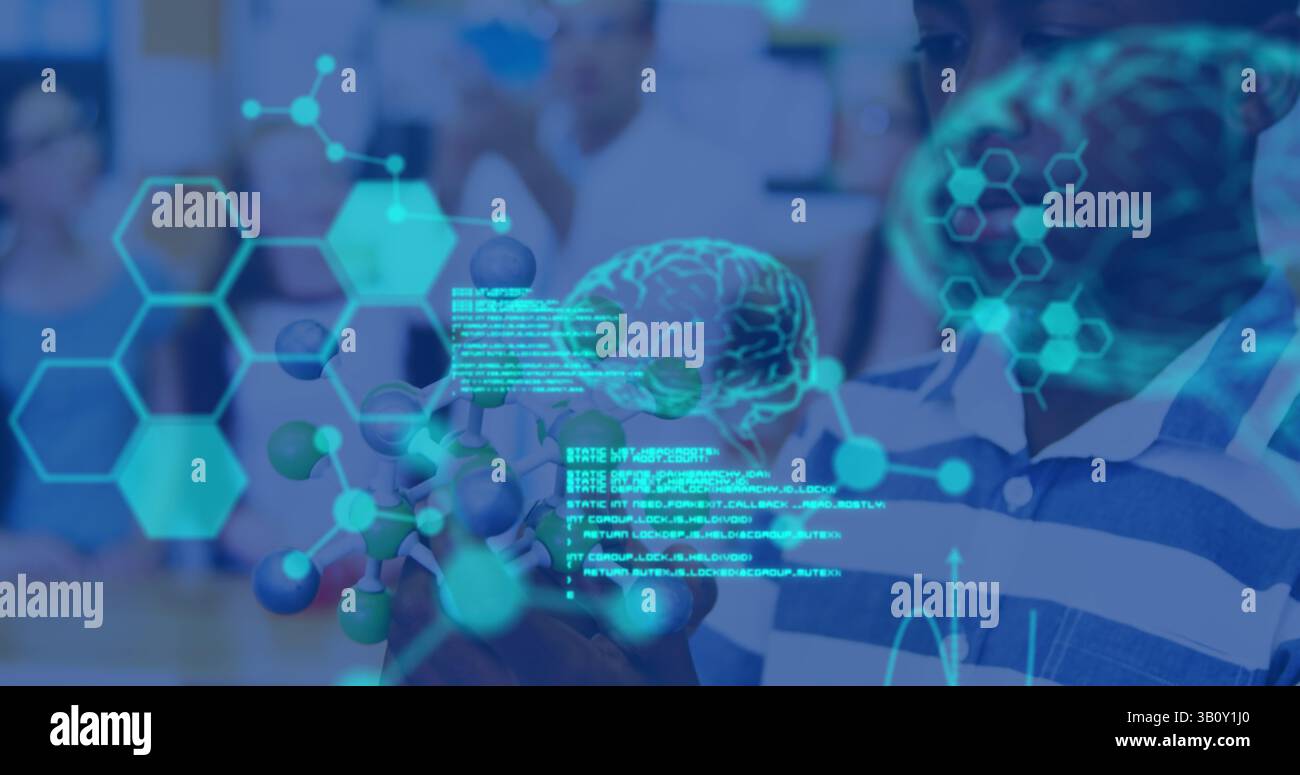 Image of science data processing over african american school boy Stock ...