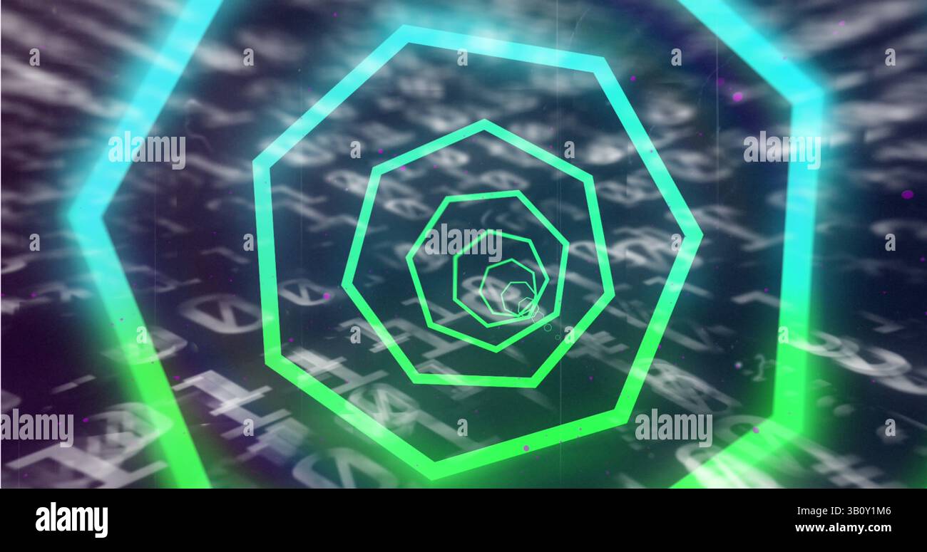 Image of tunnel with neon shapes over binary coding on black background Stock Photo - Alamy