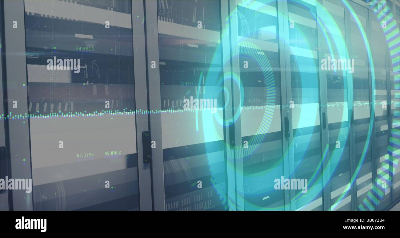 Light trails over neon blue round scanner against computer server room ...