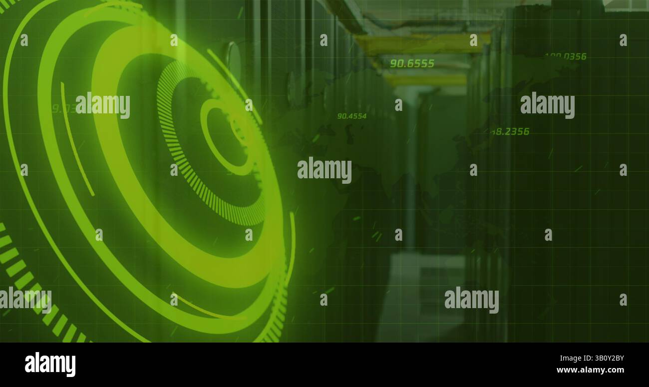 Yellow neon glowing round scanner and multiple numbers floating against ...