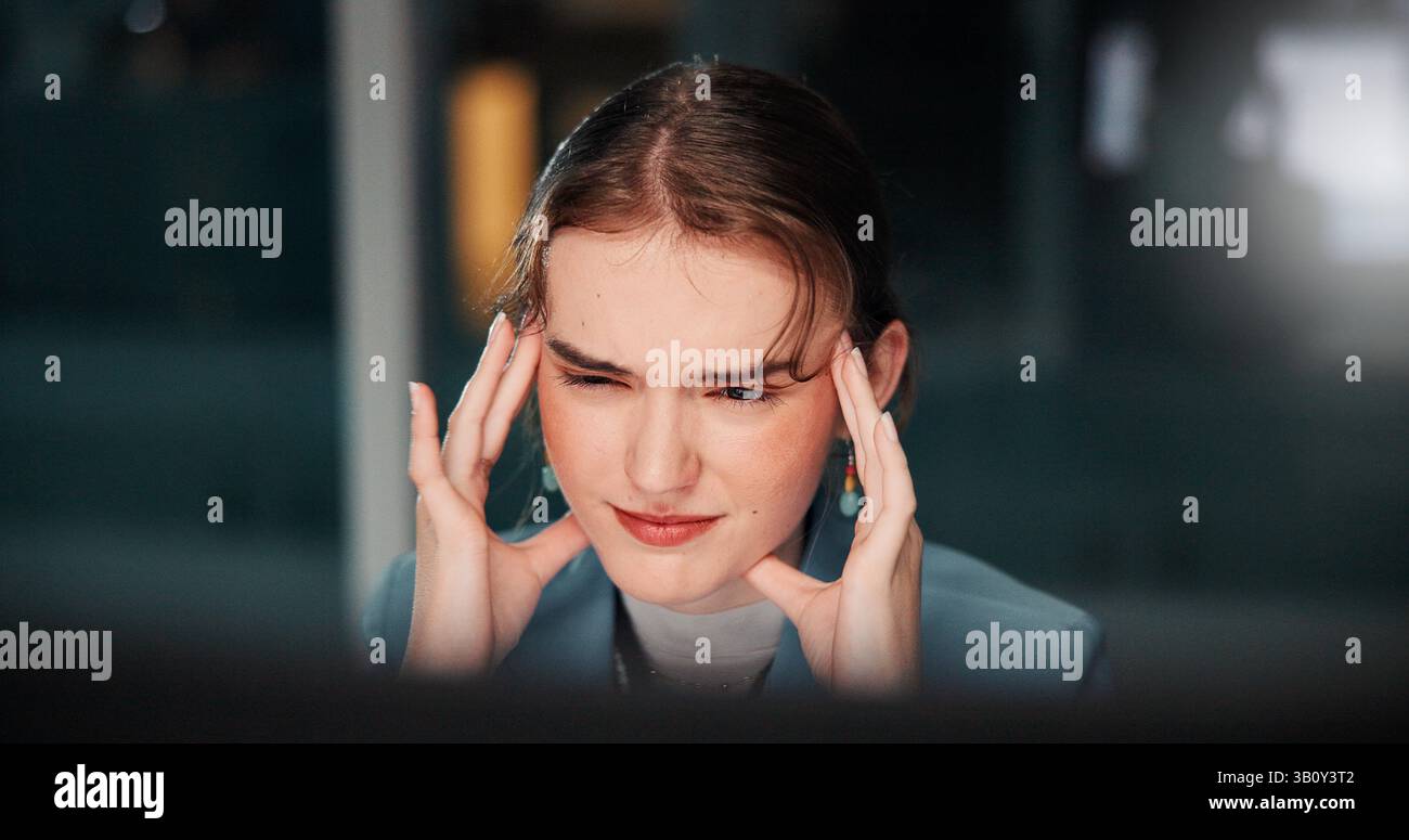 Night, stress and woman with headache, office and thinking of deadline ...