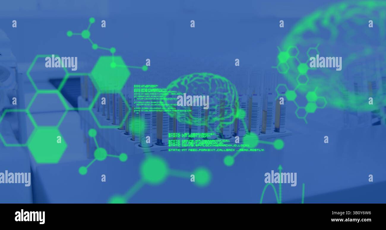 Image of data processing and chemical formula over test tubes in lab ...