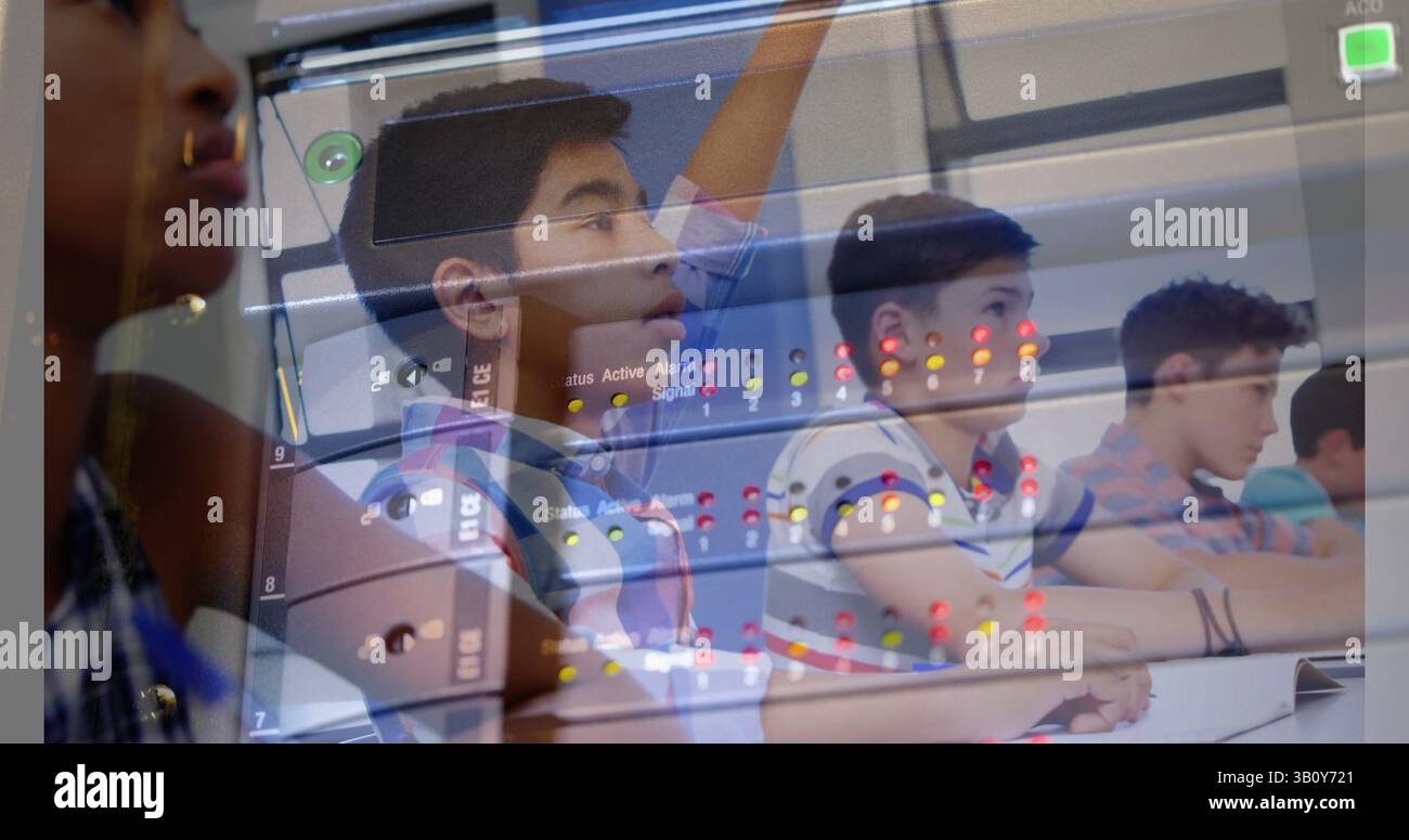Image of server room over diverse schoolkids in classroom Stock Photo ...