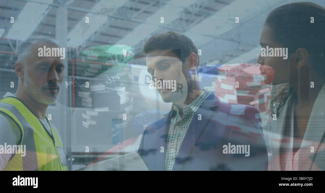 Image of financial graphs over diverse female and male warehouse ...