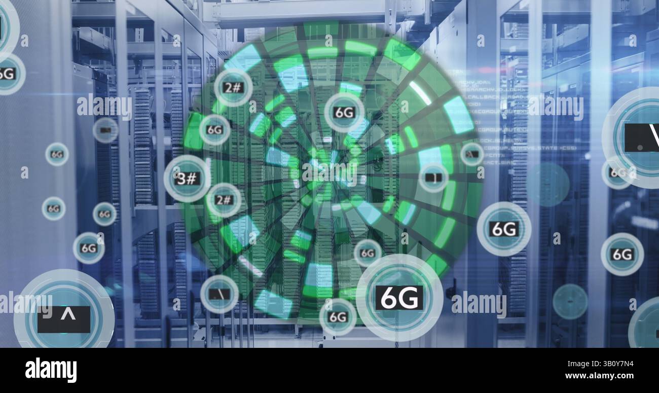 5g and 6g text on round banners against green abstract circular shape ...