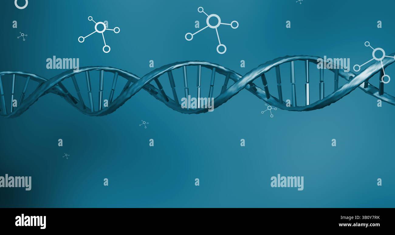 Molecular structures floating over spinning dna structure on blue ...