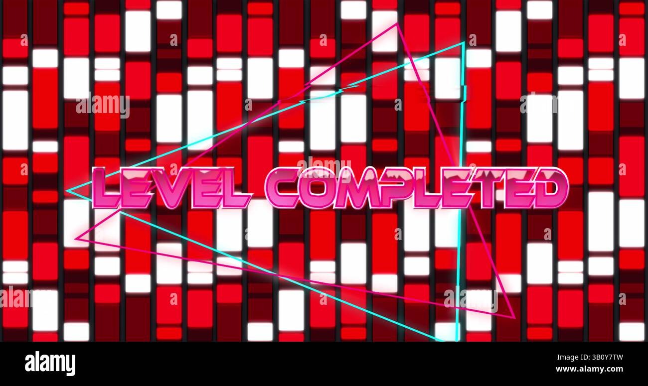 Level completed text over neon triangular shapes against red abstract ...