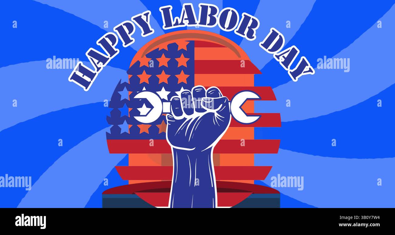 Image of happy labor day text over american flag and lights Stock Photo ...