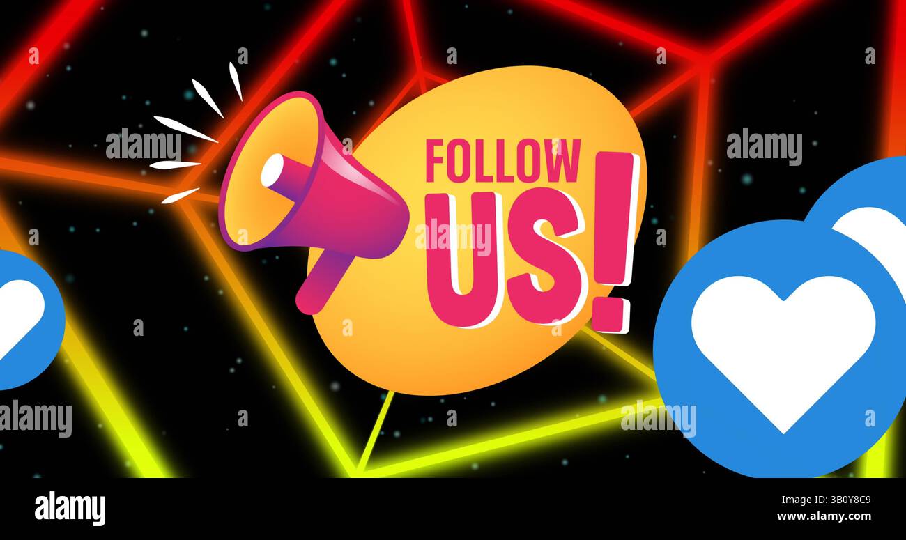 Image of follow us text over moving shapes on black background Stock ...