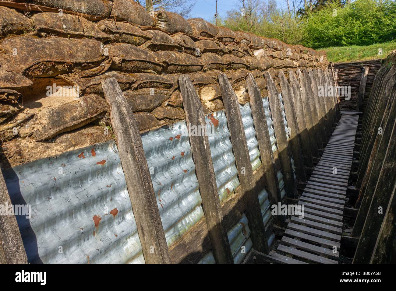 British WW1 trench showing wooden duckboards on A frames, sandbags and ...