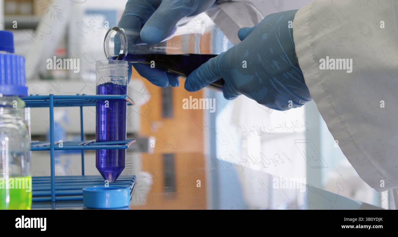 Image of chemical formulas over hands of caucasian male lab worker with ...