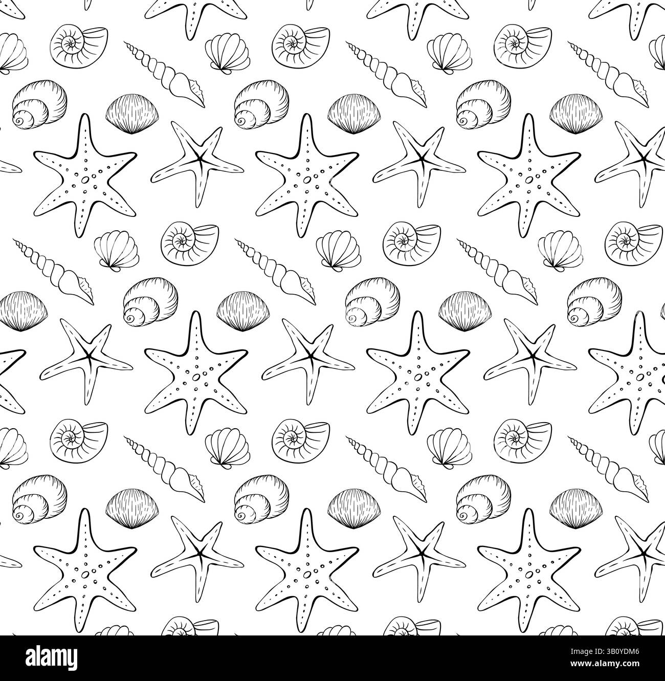Sea shells and starfish seamless pattern. Vector graphic line ink ...