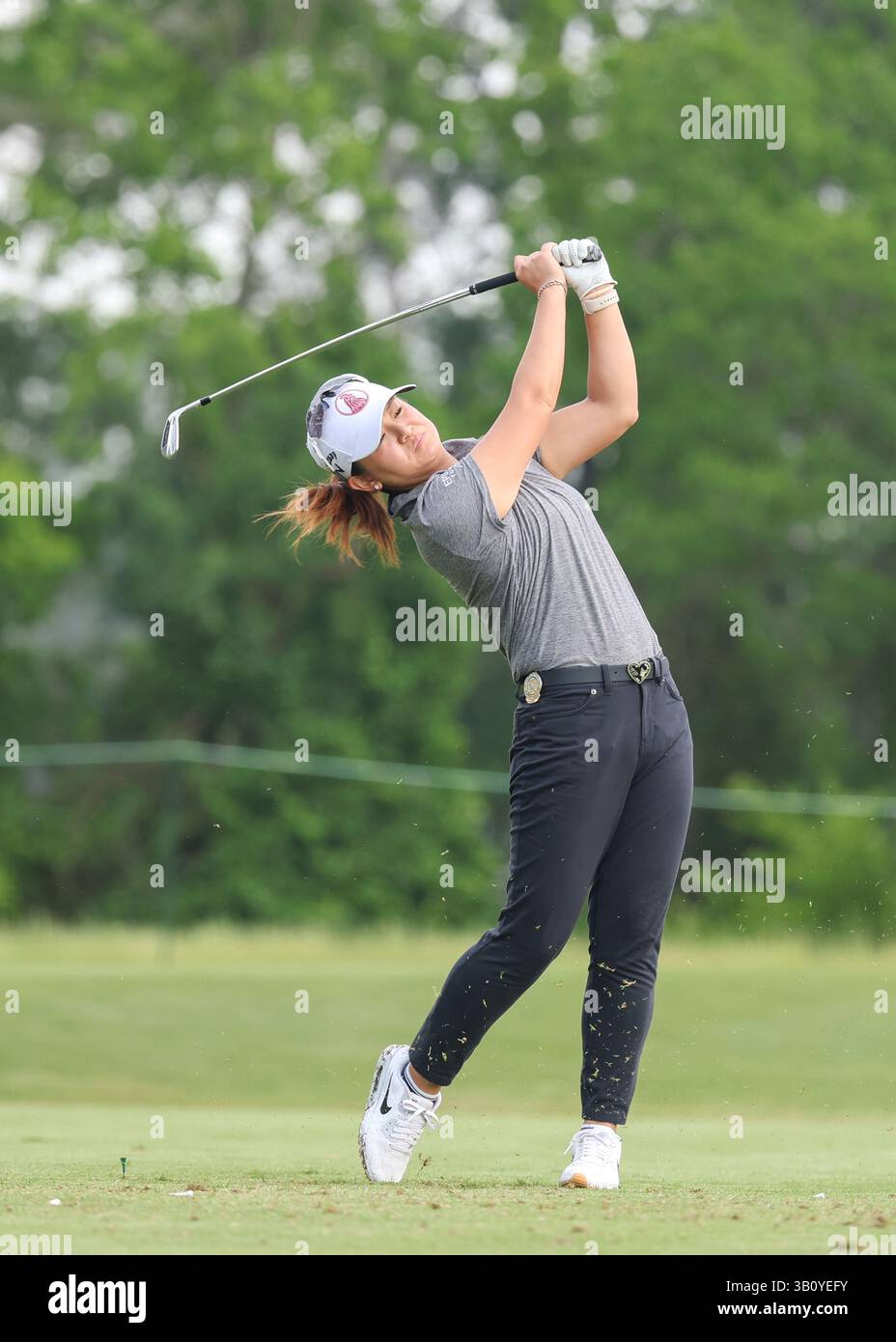 THE WOODLANDS, TX - APRIL 24: Jenny Bae (USA) watches her tee shot on 3 during the first round ...