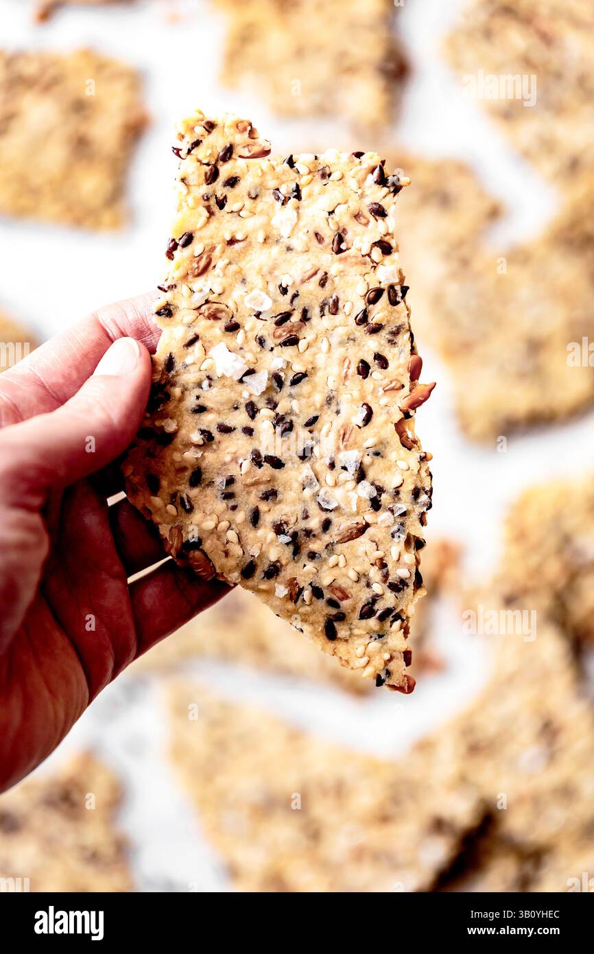 Seeded swedish crackers held in a hand Stock Photo - Alamy
