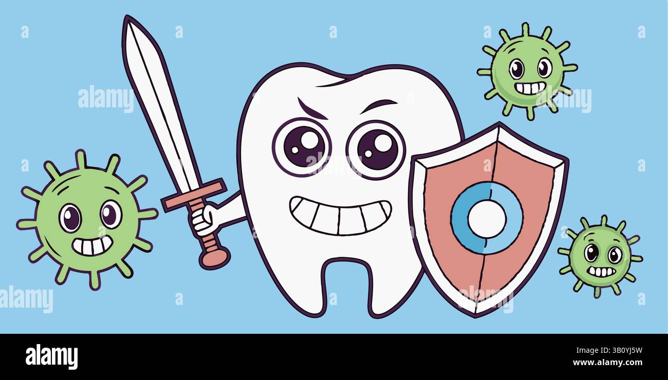 Tooth Cartoon Fighting Germs Vector Illustration for Dental Health ...