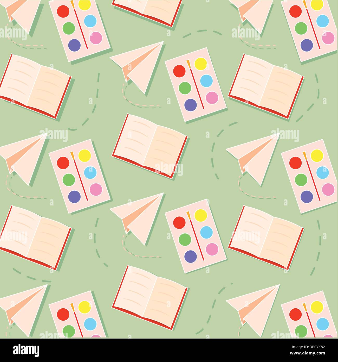 Illustrated paint sets notebooks and flying paper planes in playful ...