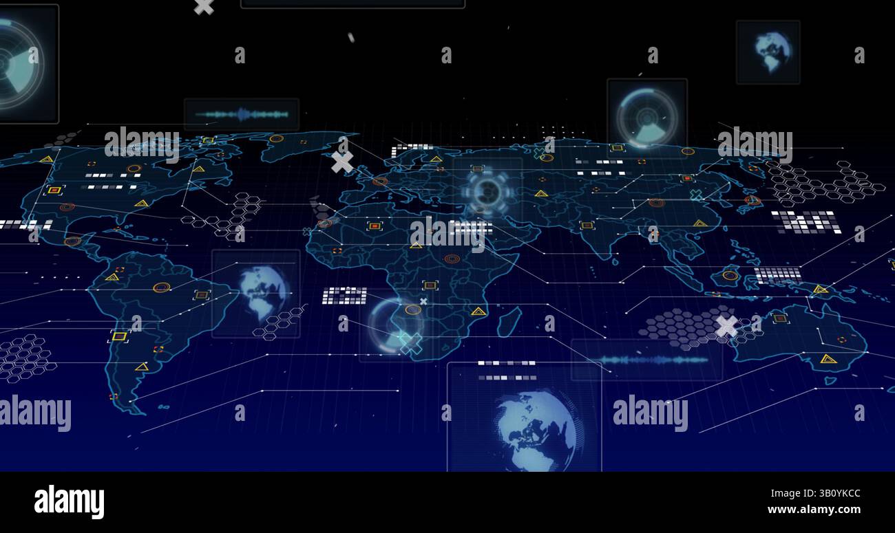 Image of scopes scanning, data processing and markers over world map Stock Photo - Alamy