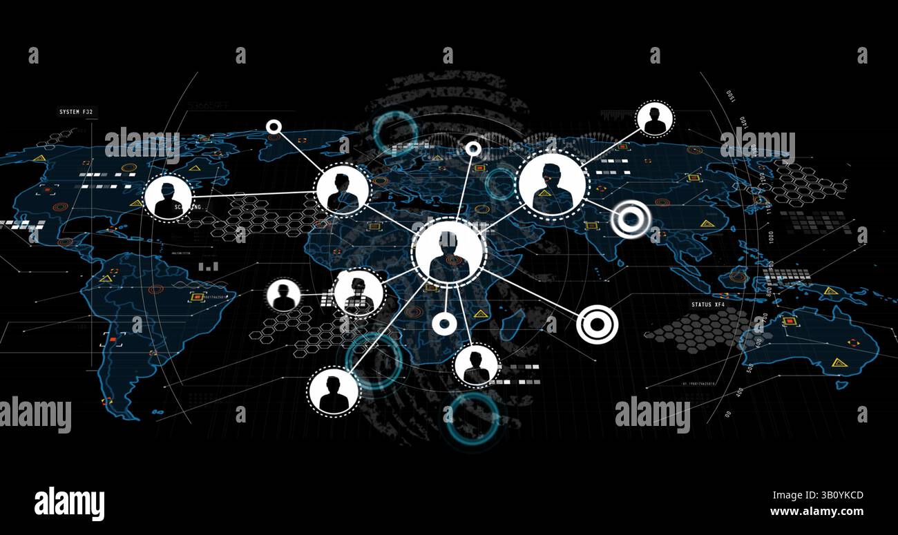 Image of network of connections with people icons, markers and data processing over world map ...