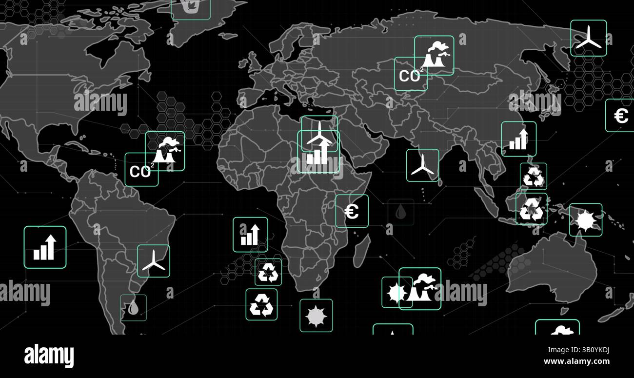 Image of eco icons, markers and data processing over world map Stock Photo - Alamy