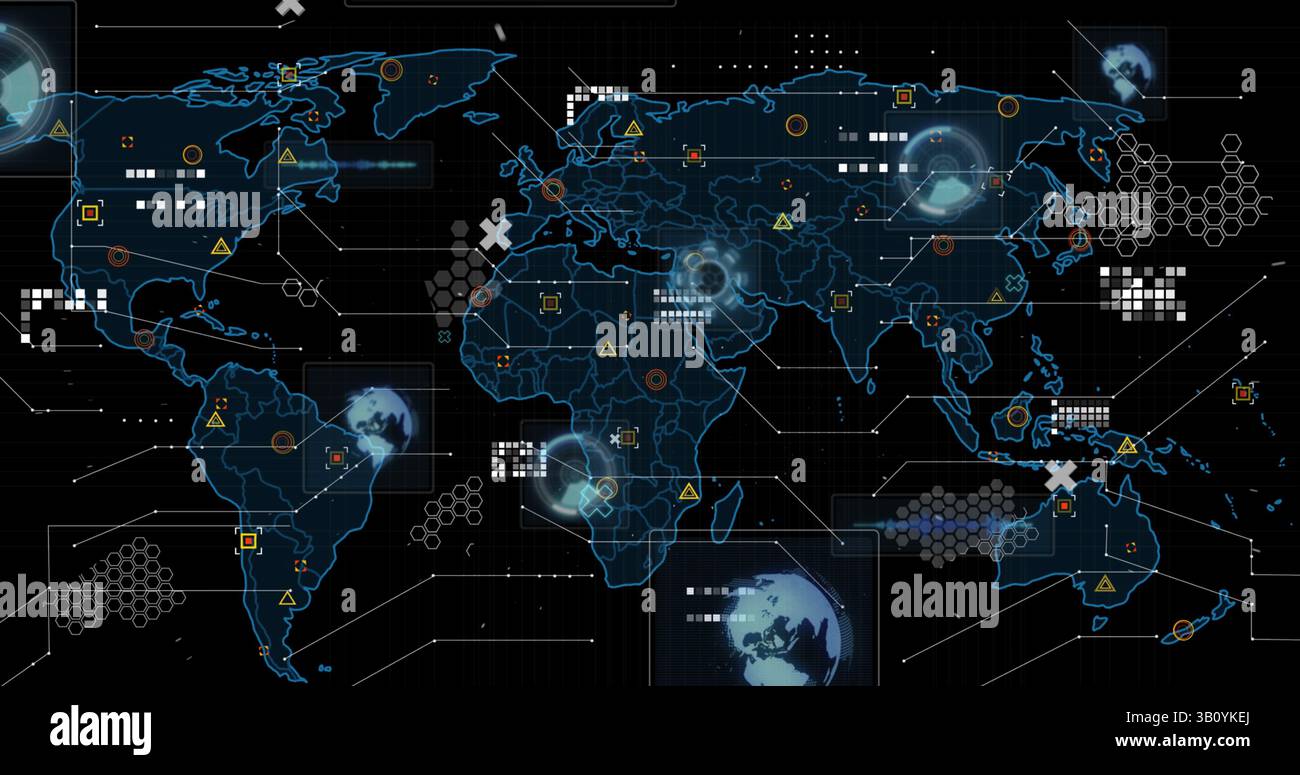 Image of scopes scanning, data processing and markers over world map Stock Photo - Alamy