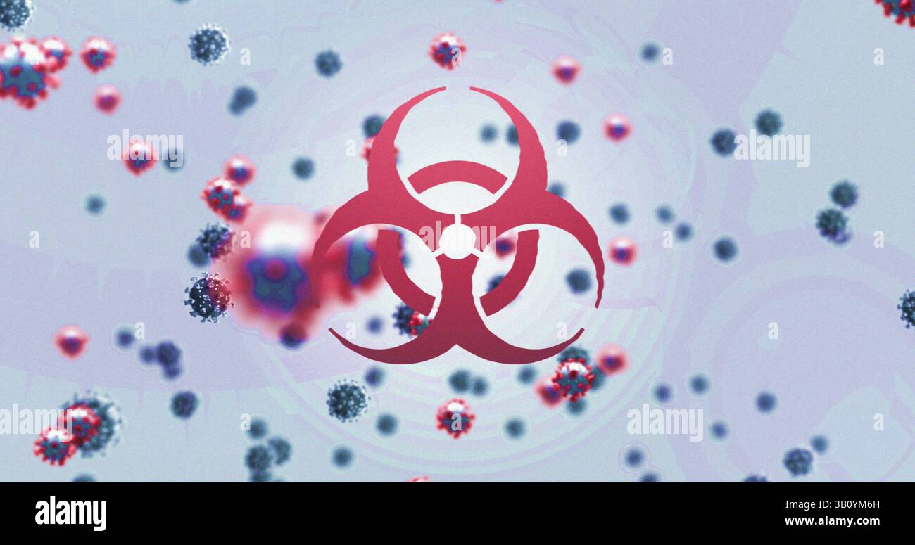 Displaying central red biohazard symbol hovering over blue lab ...