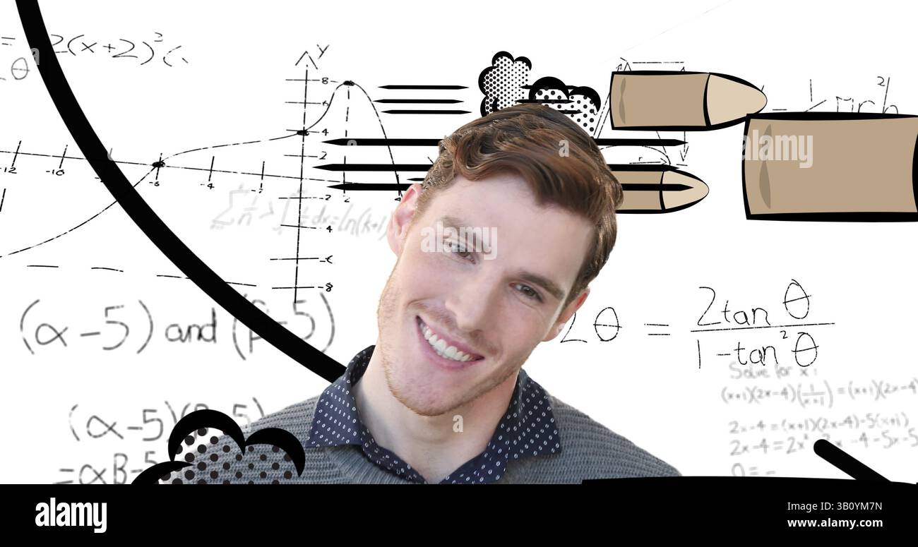 Image of caucasian businessman talking on white background with ...