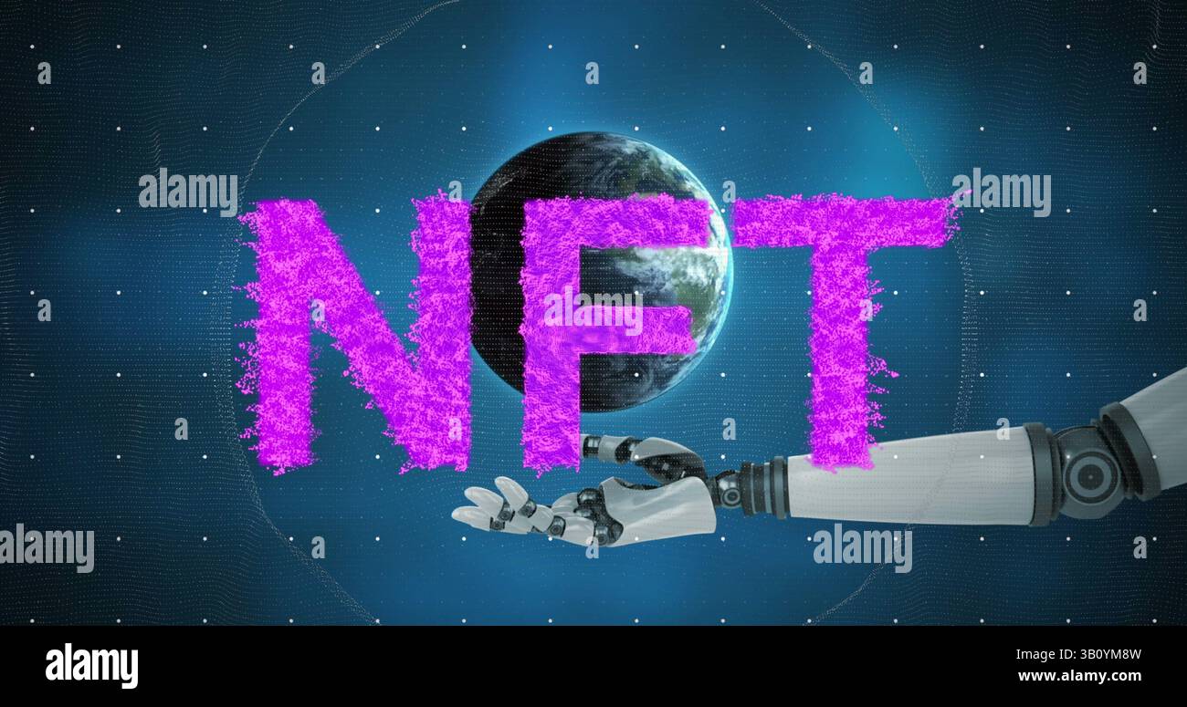 Image of nft over globe and arm of robot Stock Photo - Alamy