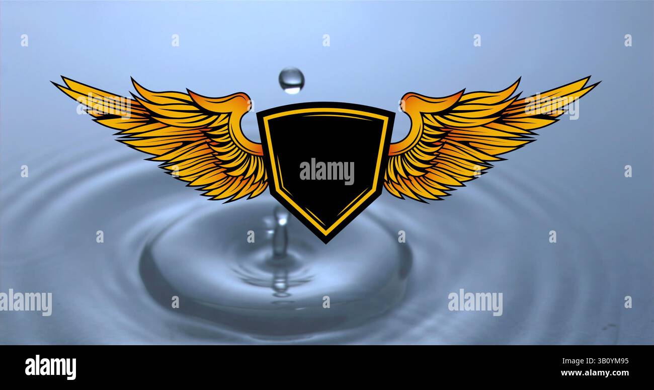 Image of shield with wings over drop falling into water. shapes, colour ...