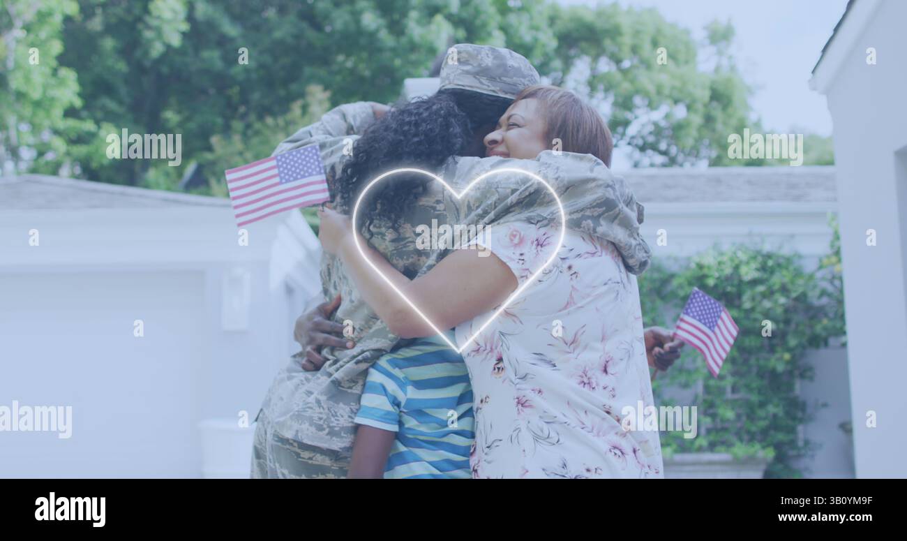 Image of hearts over happy african american soldier mother hugging kids ...