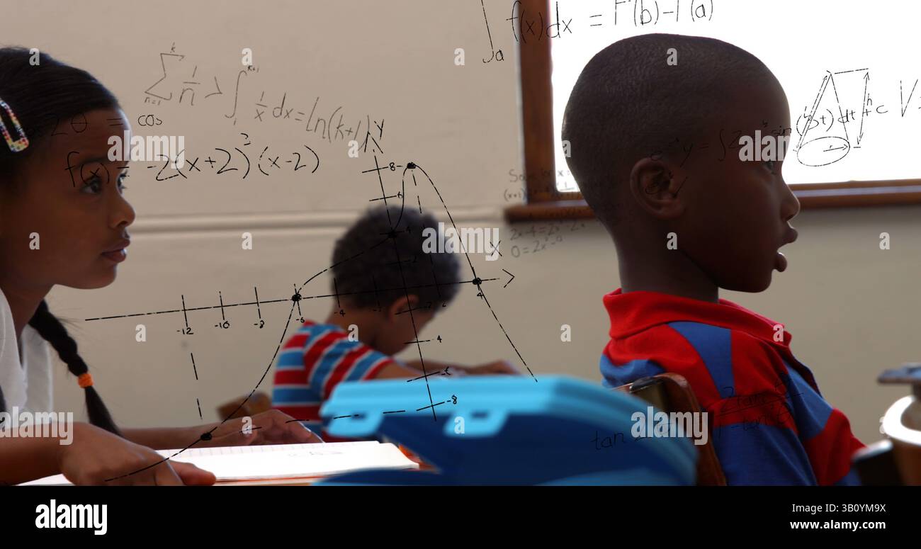 Image of math formulas over african american children learning at ...