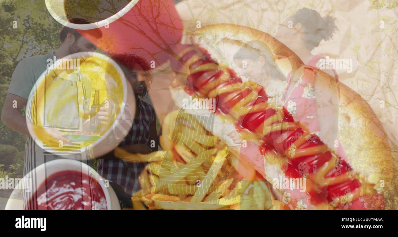 Image of diverse people making barbecue over hot dogs Stock Photo - Alamy