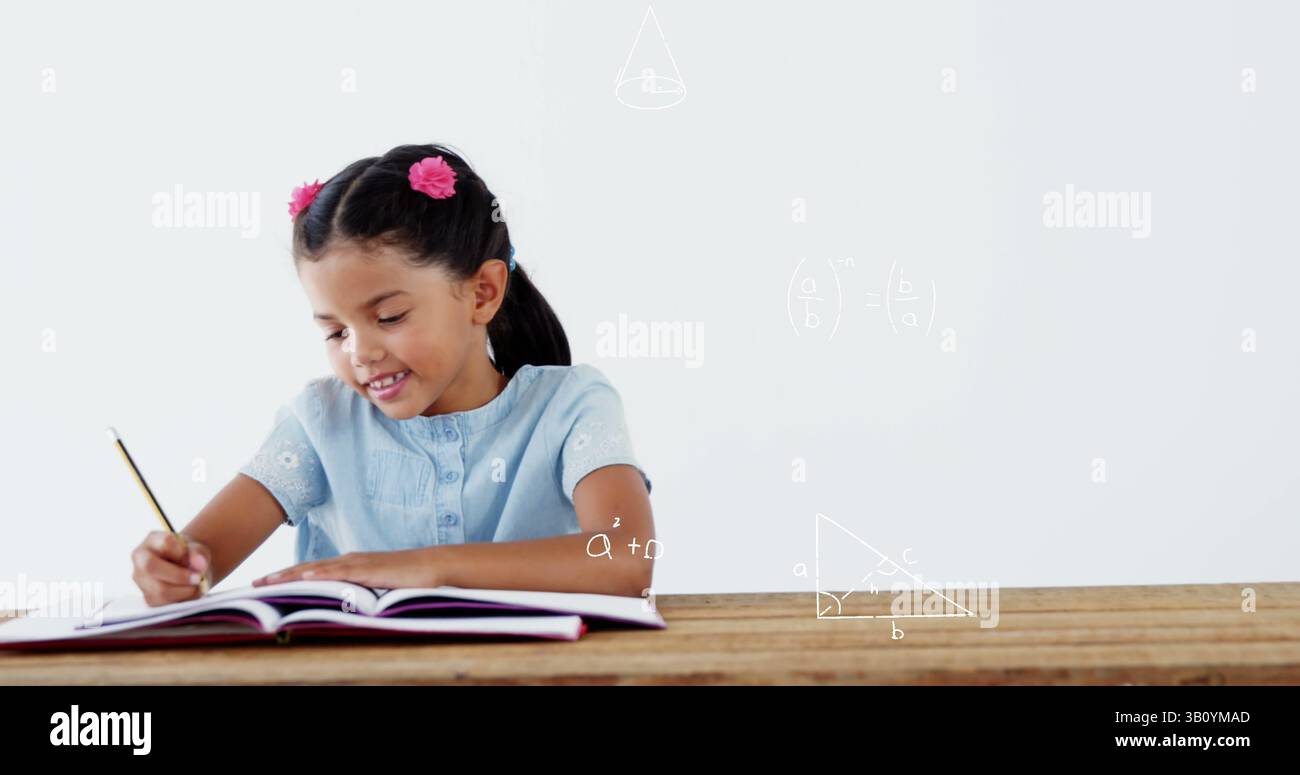 Image of math formulas over happy biracial girl doing homework Stock ...