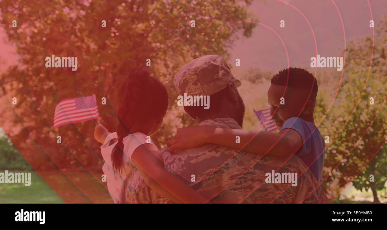 Image of hearts over back of african american soldier father holding ...