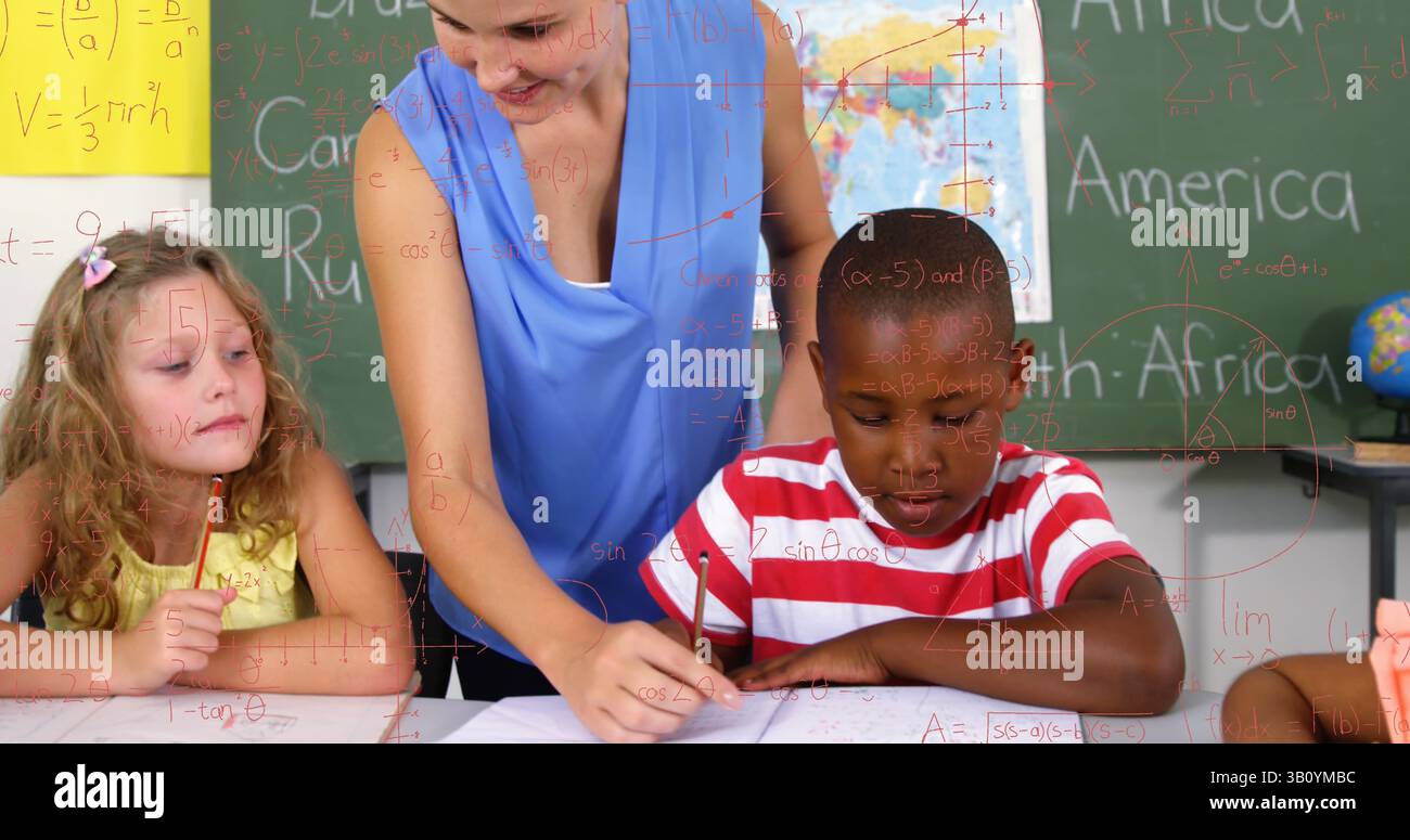 Image of math formulas over happy caucasian female teacher and diverse ...