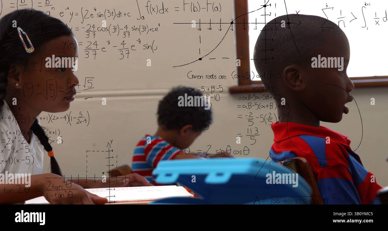 Image of math formulas over african american children learning at ...
