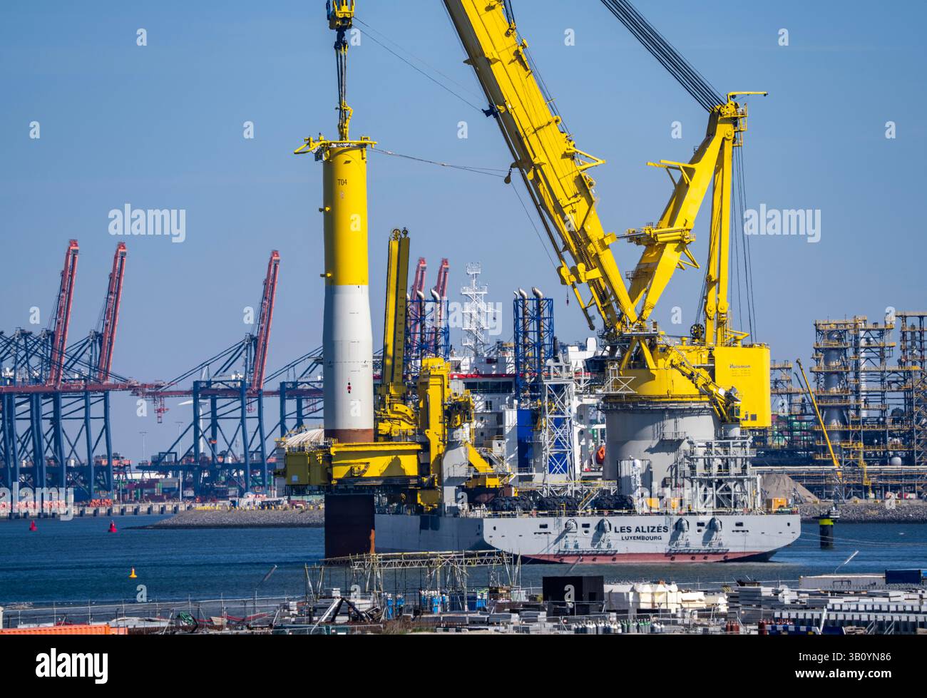 Assembly of monopiles, the foundations for offshore wind turbines, here ...